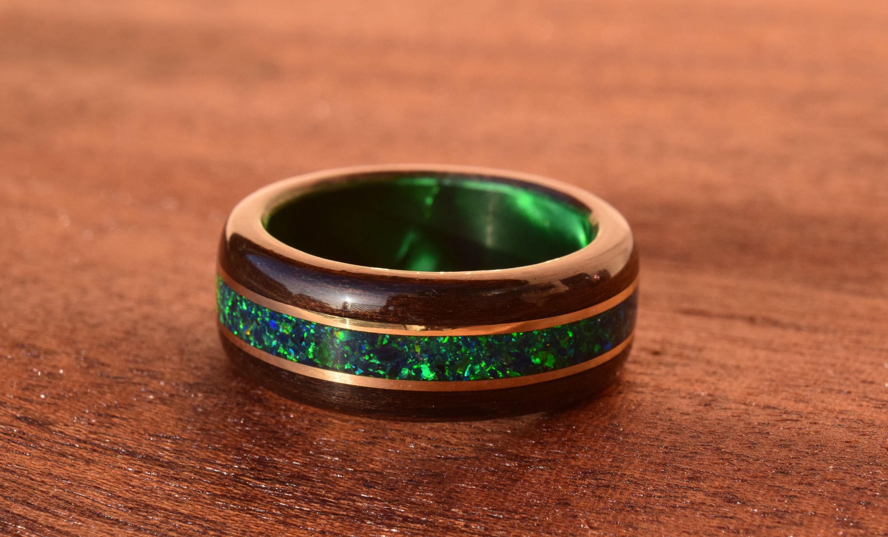 7 Mm Fumed Cherry Bentwood With Crushed Dark Green Opal and Yellow Gold ...