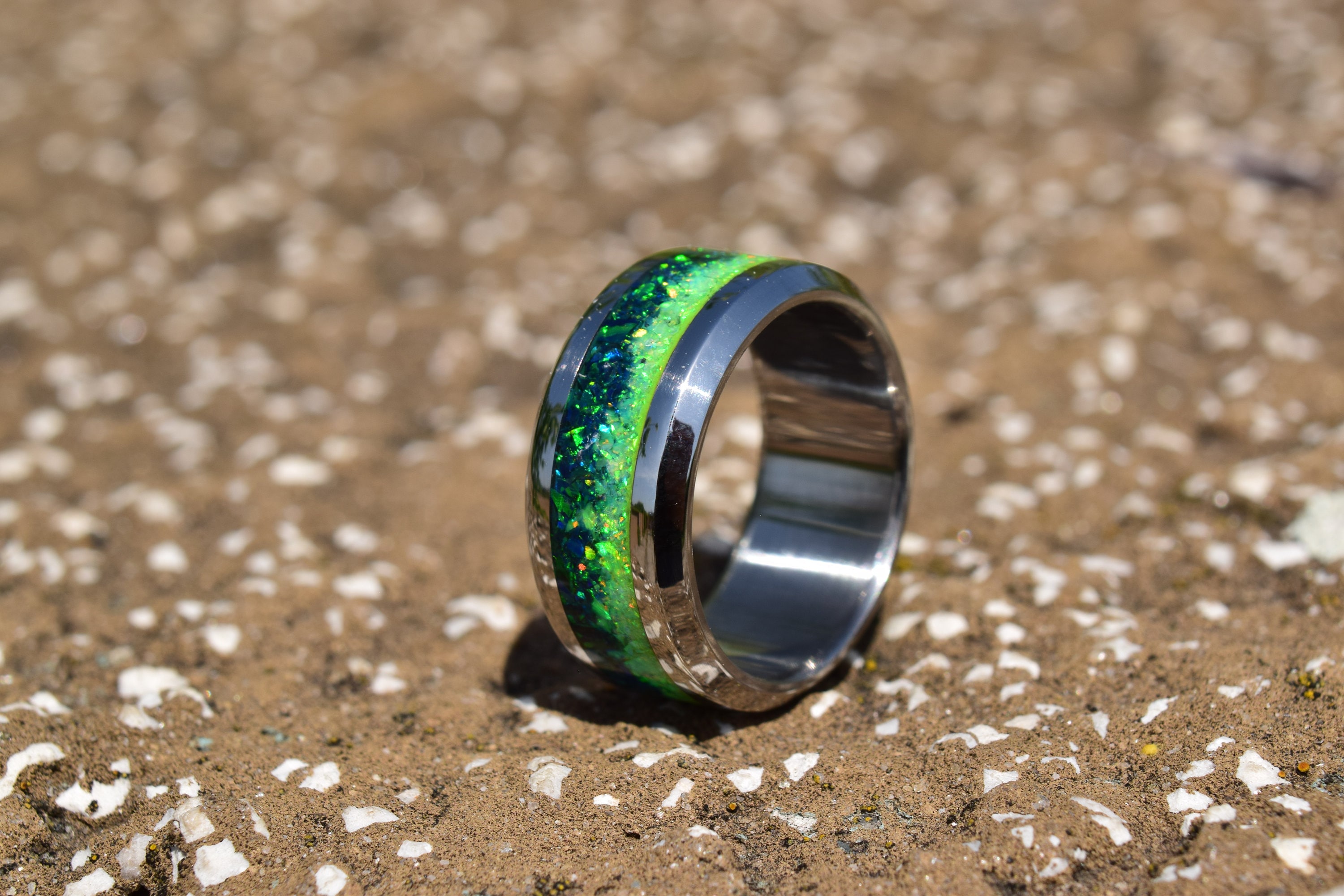 Wedding Ring Stainless Steel ring with crushed green opal | Etsy