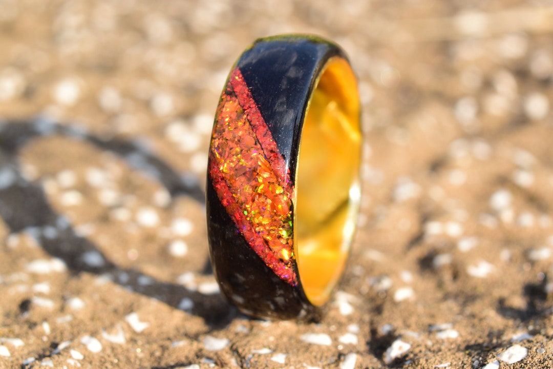 Black Poplar Wood Ring | Crushed Red Opal | Orange Opal | Yellow Epoxy ...