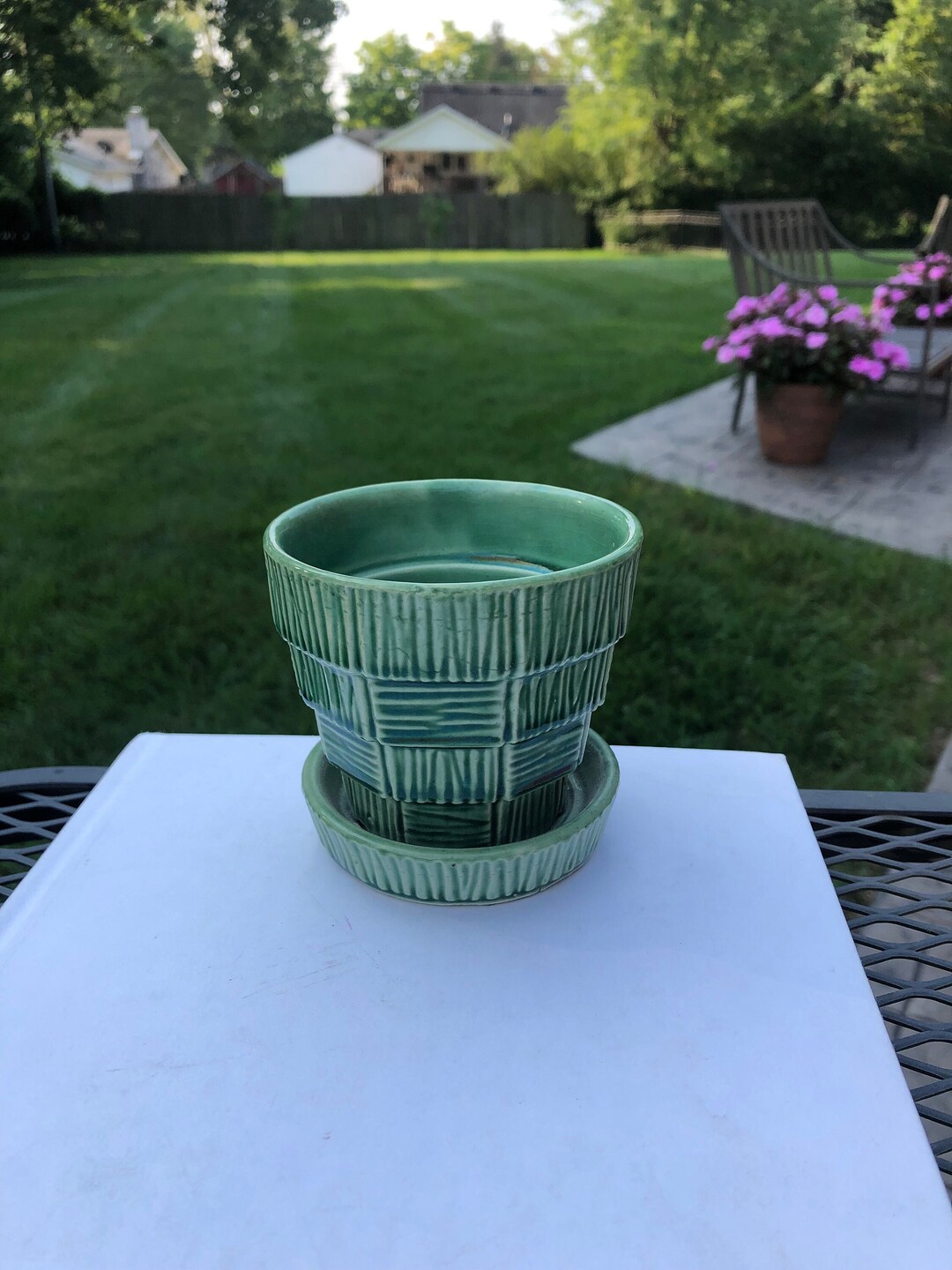 Green Mccoy Pot and Saucer, Mccoy Basket Weave Pot, Vintage Mccoy ...