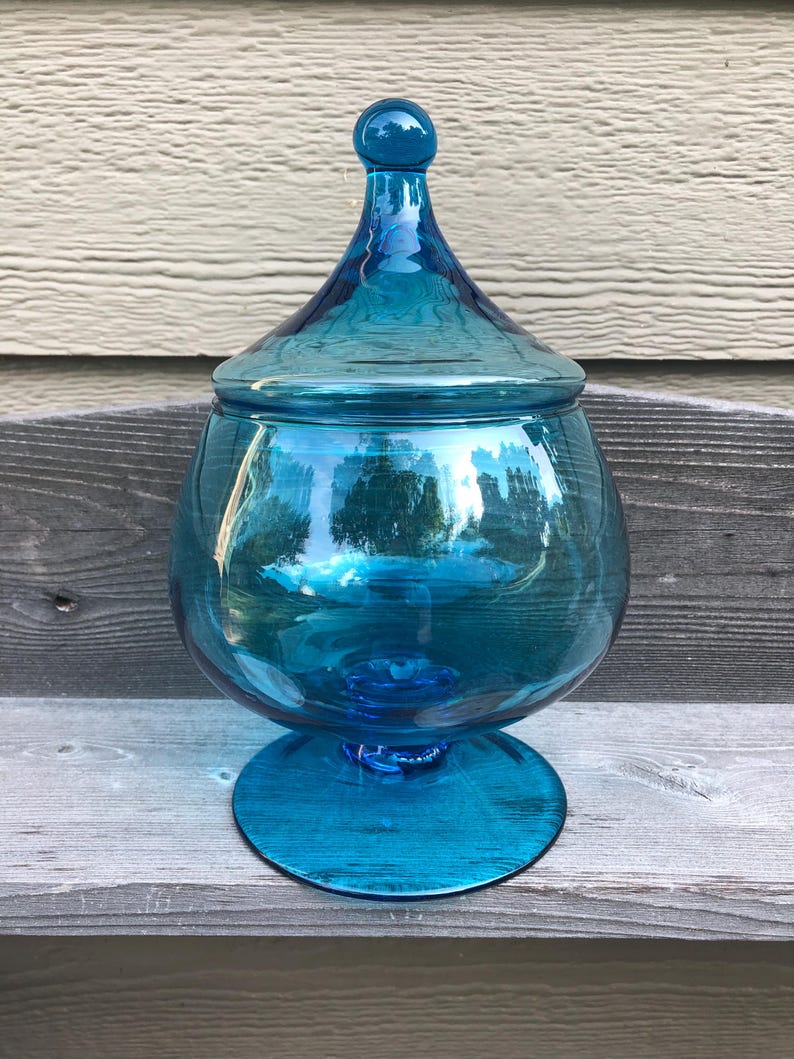 Mid Century Blue Glass Jar, Vintage Handblown Blue Glass Jar, Empoli ...