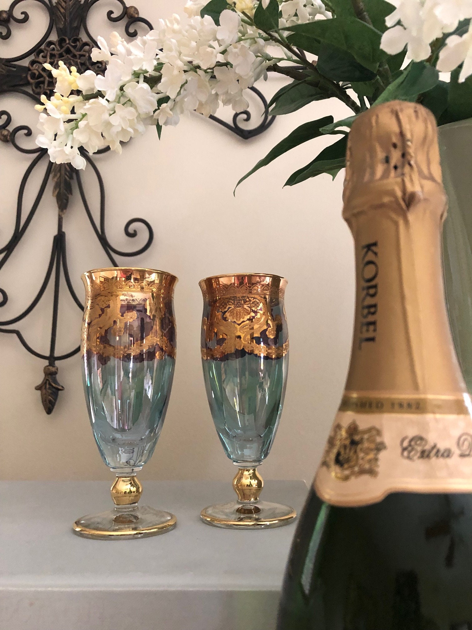 Vintage Italian Wine Glasses Hand Blown Wine Glasses Iridescent Blue Wine Glasses Blue