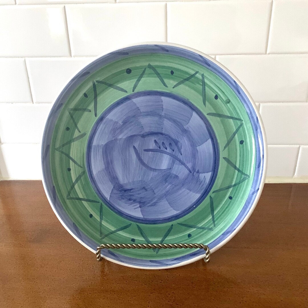Caleca Dinner Plate 11" Espero Pattern Green Blue Leaf Zigzag Lines ...