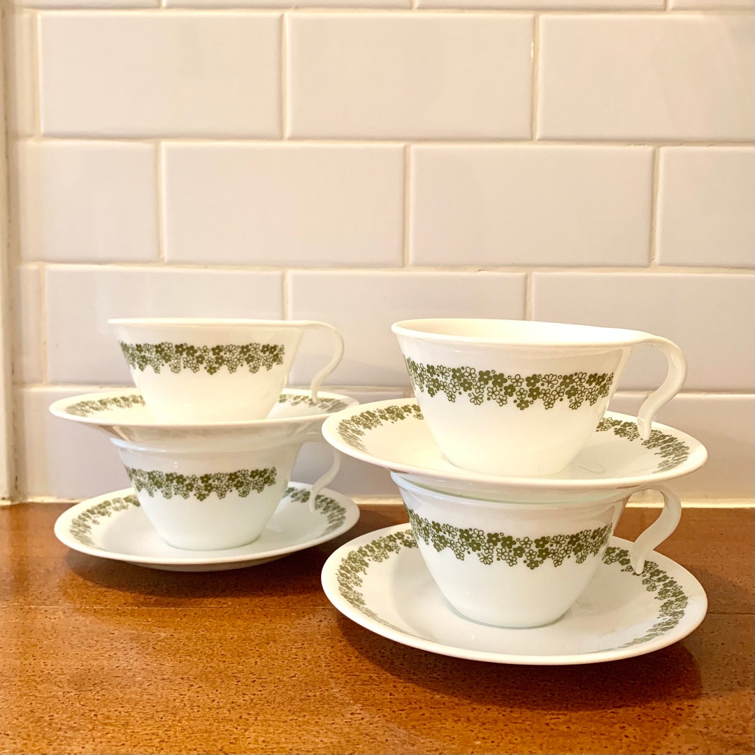 Corelle Crazy Daisy Hook Handle Tea Cups and Saucers Set of 4 Coffee ...