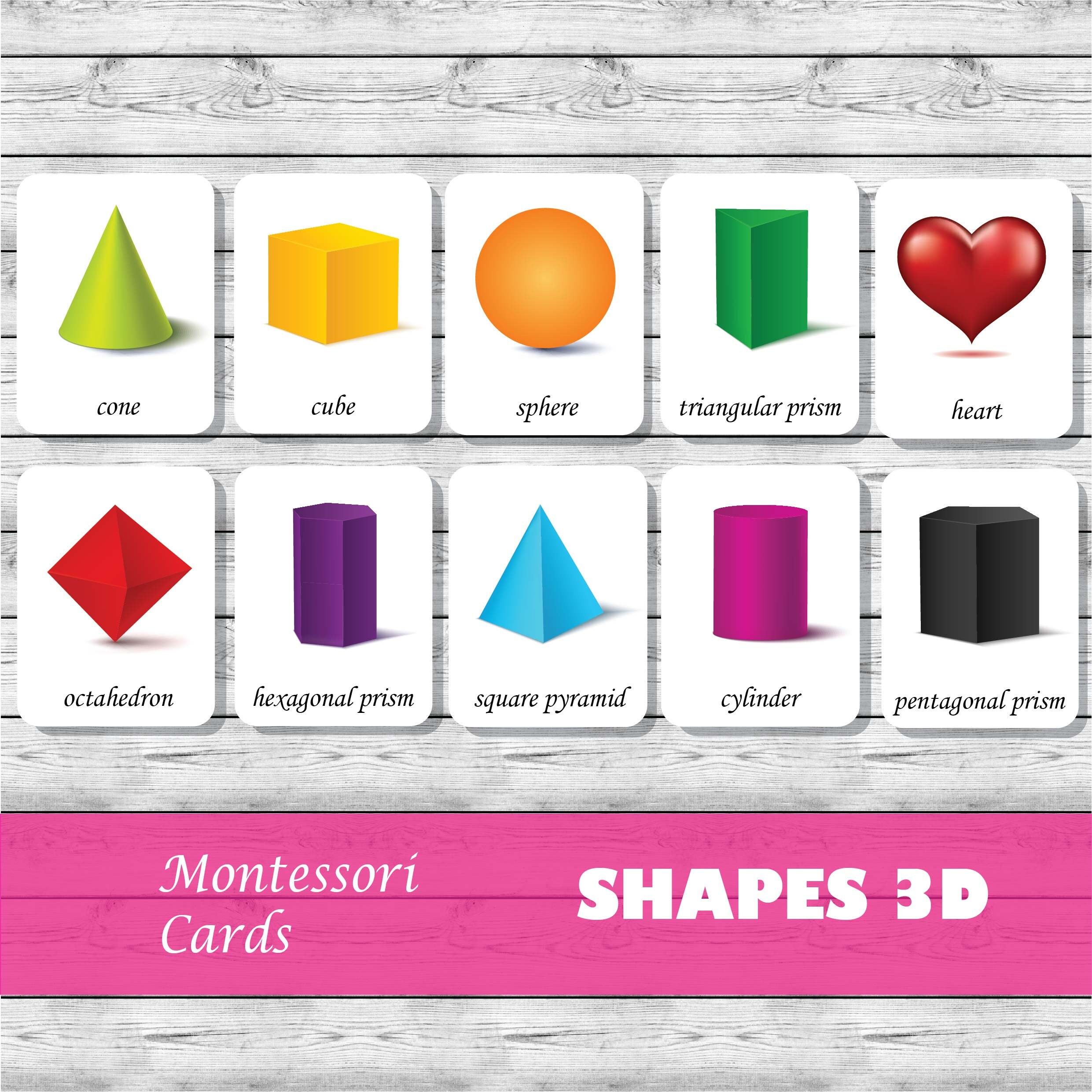 Shapes 3D, Montessori Cards for Children, Preschool, Kindergarten ...