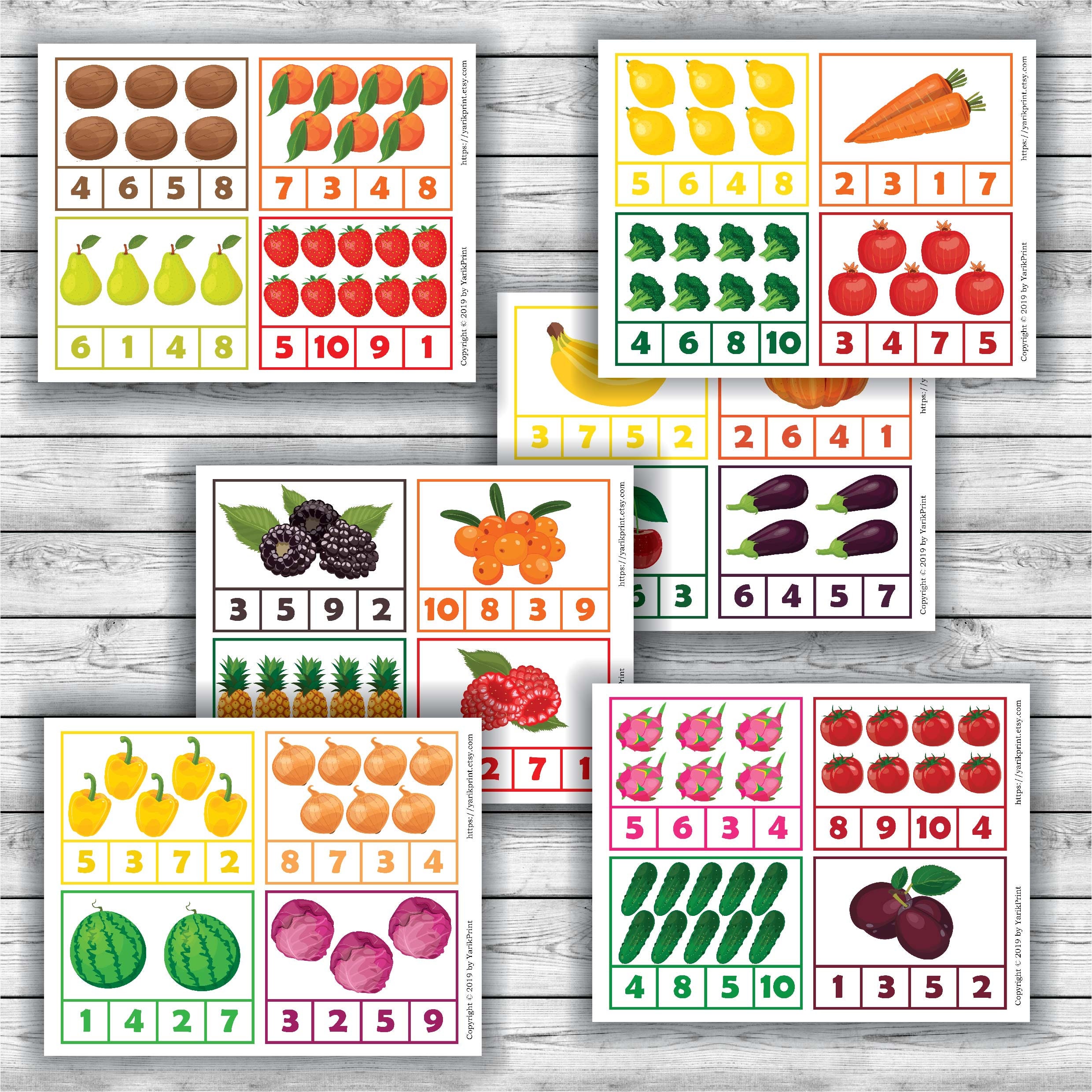 Counting Activity: Vegetables & Fruits Themed Count and Clip Cards ...