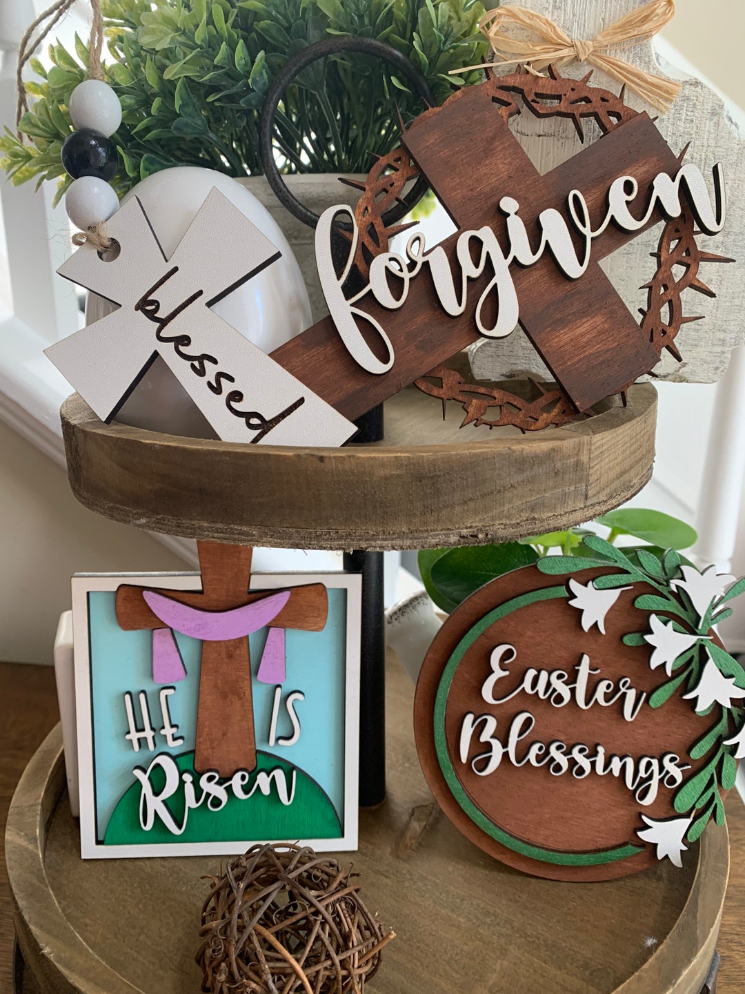 Easter Tier Tray Decor, Religious Easter Decor, Easter Blessings, He is ...