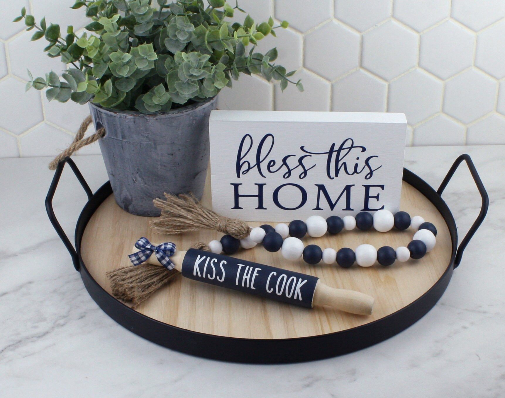 Handcrafted Navy Blue & White Tiered Tray Decor Bundle With | Etsy