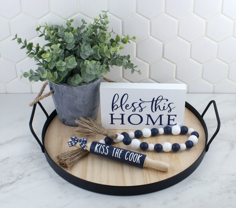 Handcrafted Navy Blue & White Tiered Tray Decor Bundle With | Etsy