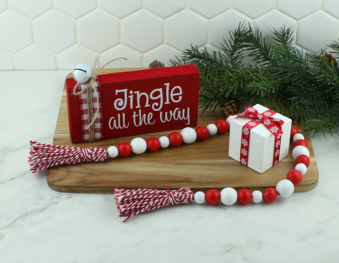 Red & White Themed Christmas Tray Bundle Handcrafted Wood Beaded ...
