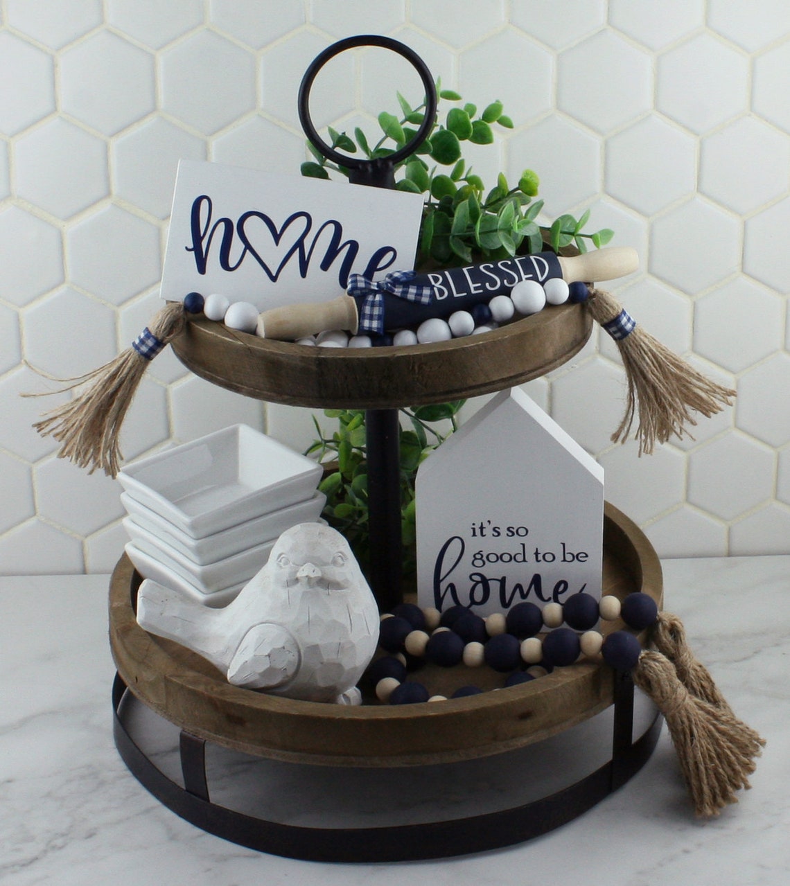 Handcrafted Navy Blue & White Tiered Tray Decor Bundle With a - Etsy