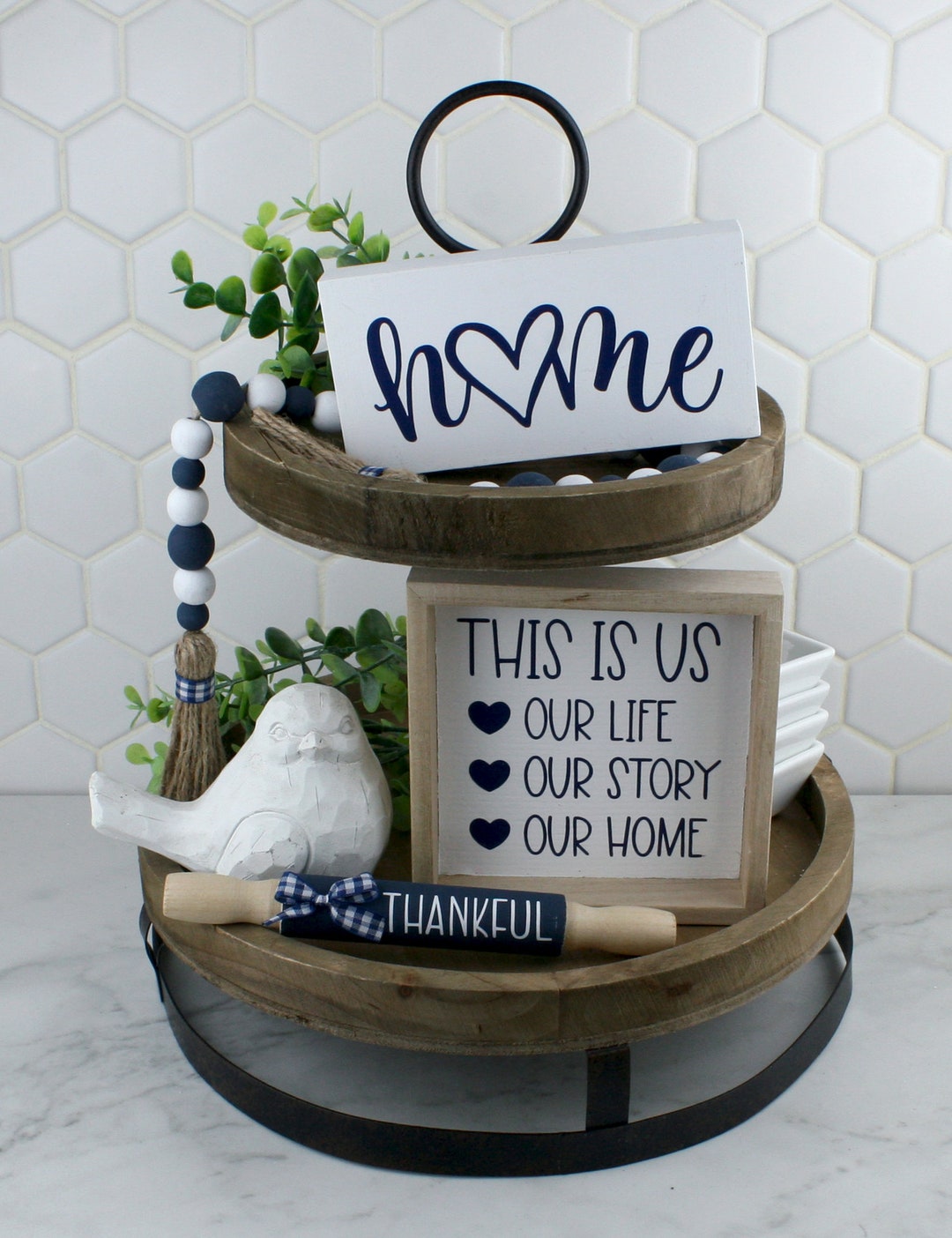 Handcrafted Navy Blue & White Tiered Tray Accessories Farmhouse ...