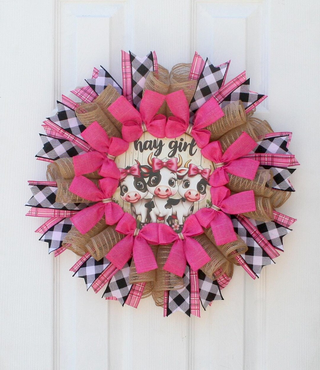 Beautiful "hay Girl" Cow Themed Farmhouse Wreath With Pretty Pink Bows ...