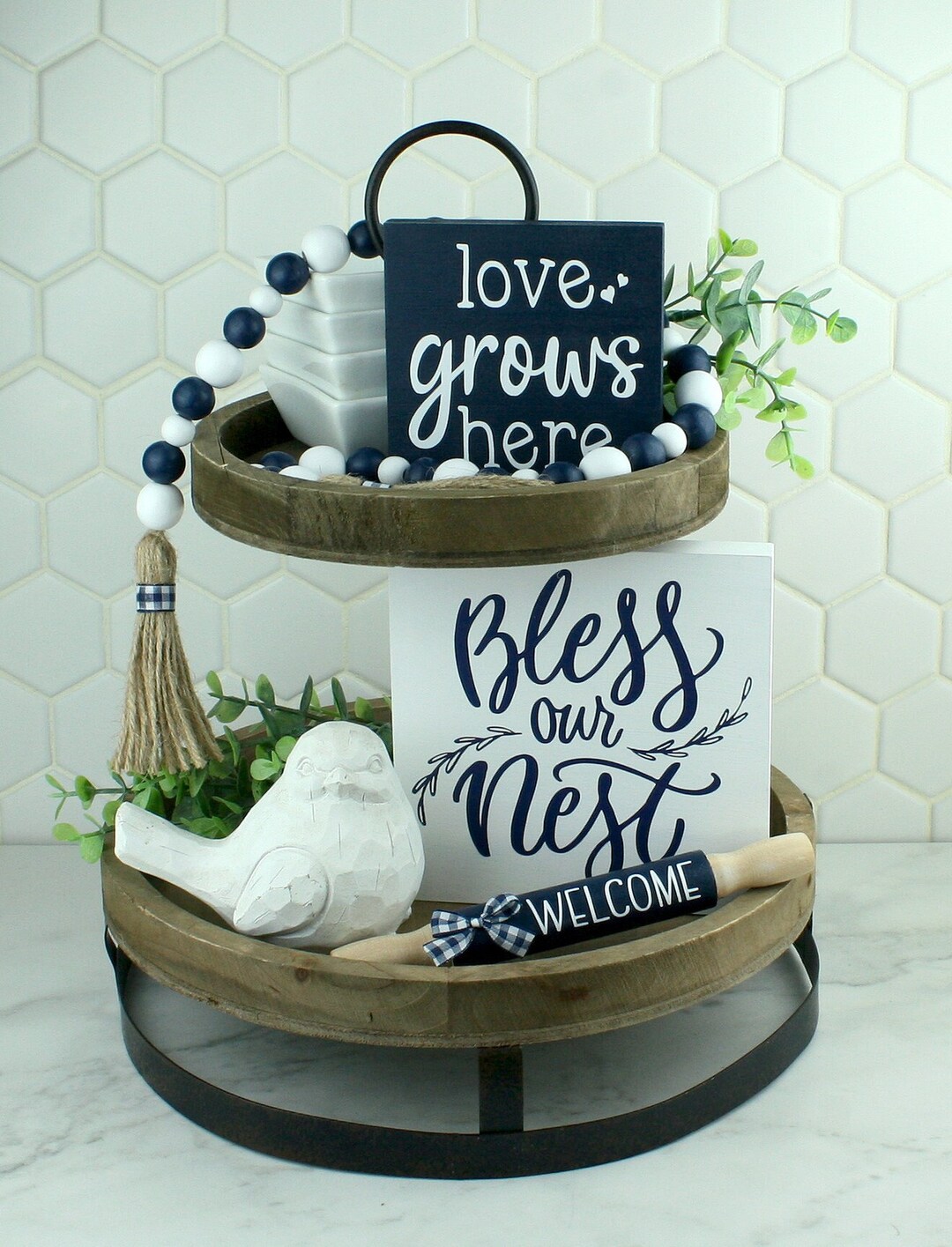 Handcrafted Navy Blue & White Tiered Tray Accessories Farmhouse ...
