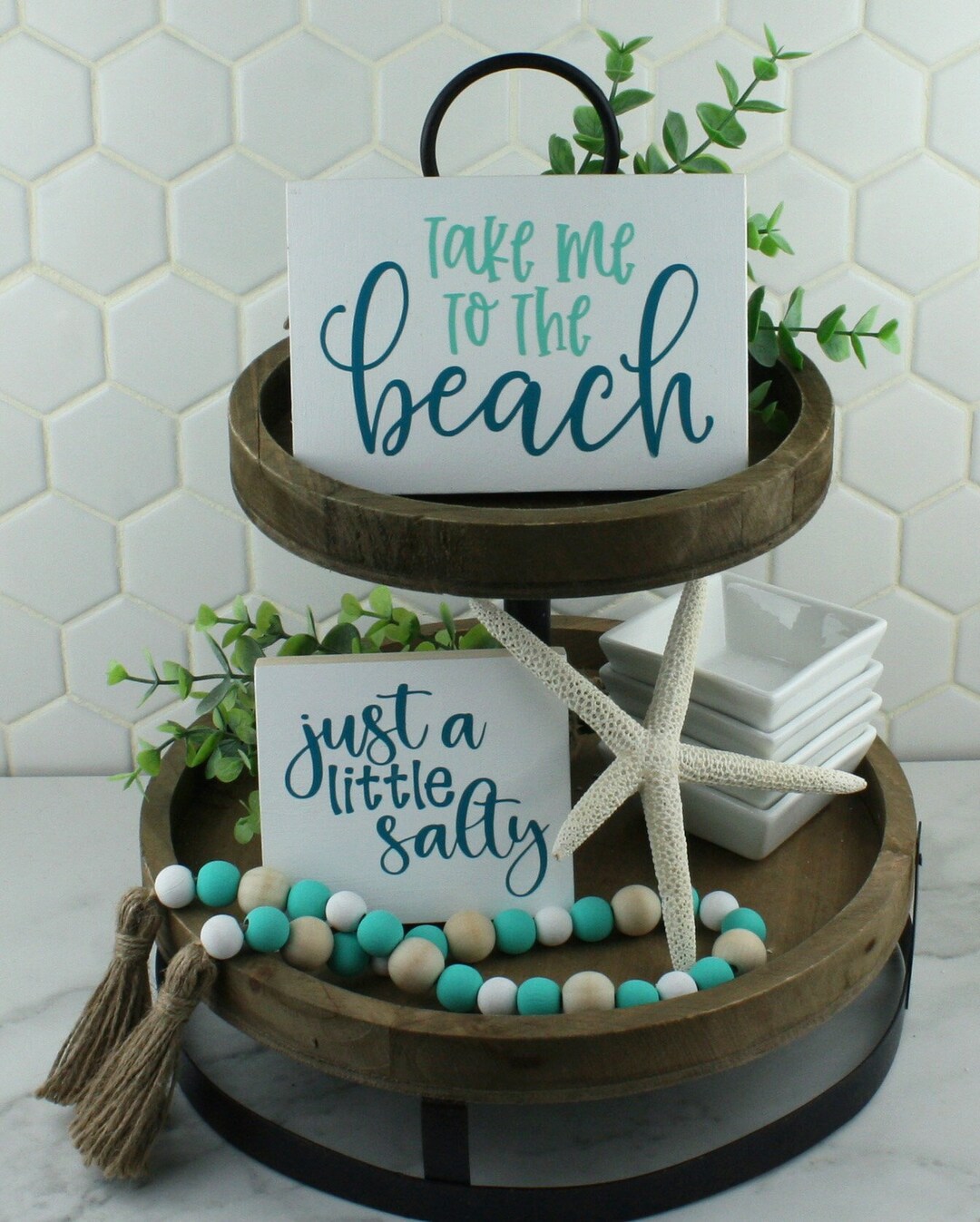 Handcrafted Beach Themed Wood Home Decor Signs Tiered Tray Wood Signs ...