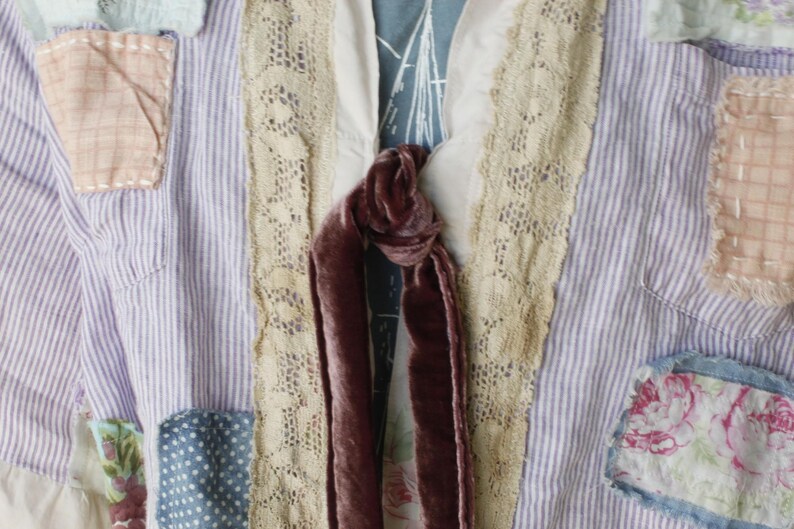 Upcycled Linen Top Patched Floral Women's Jacket Tie-front Shirt With ...