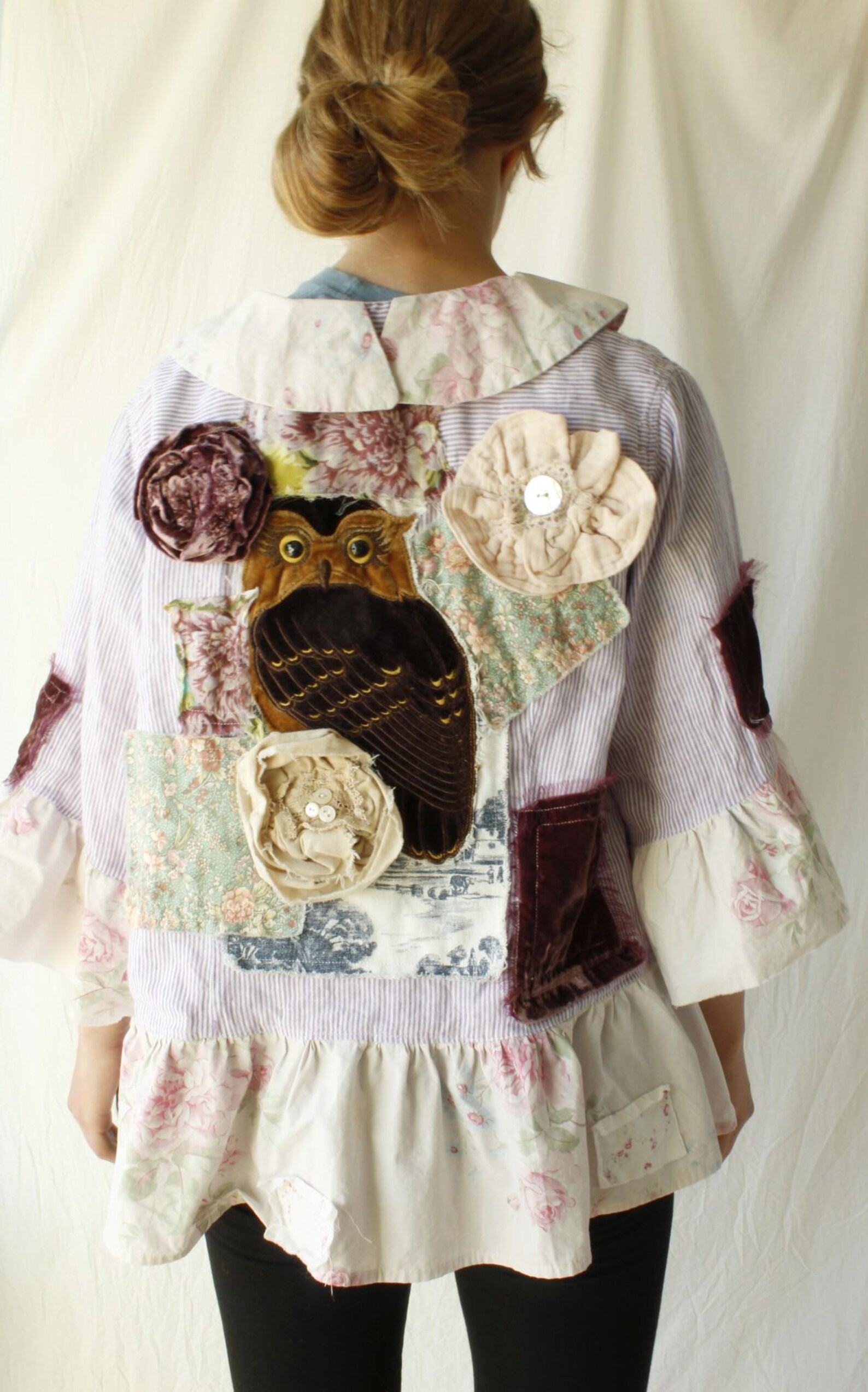 Upcycled Linen Top Patched Floral Women's Jacket Tie-front Shirt With ...