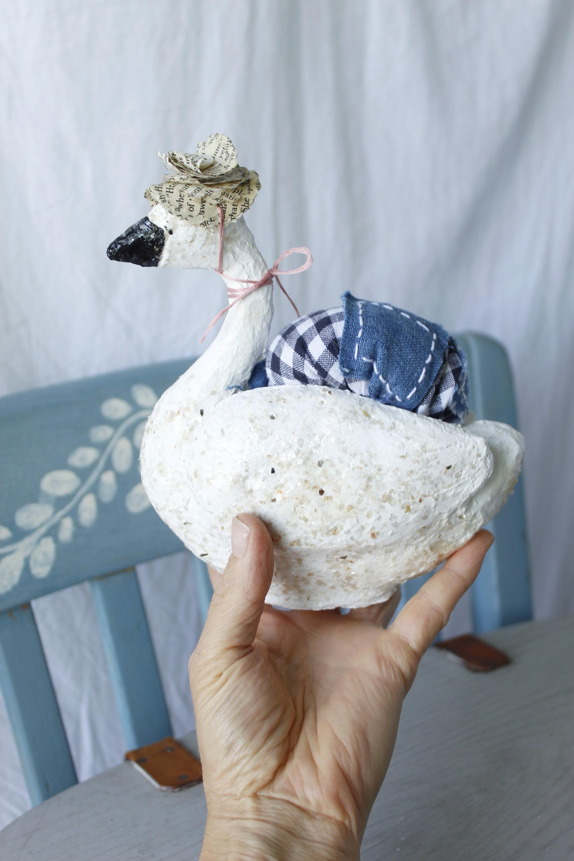 Pincushion Swan Papier-mache Blue Gingham and Linen Patchwork - Etsy