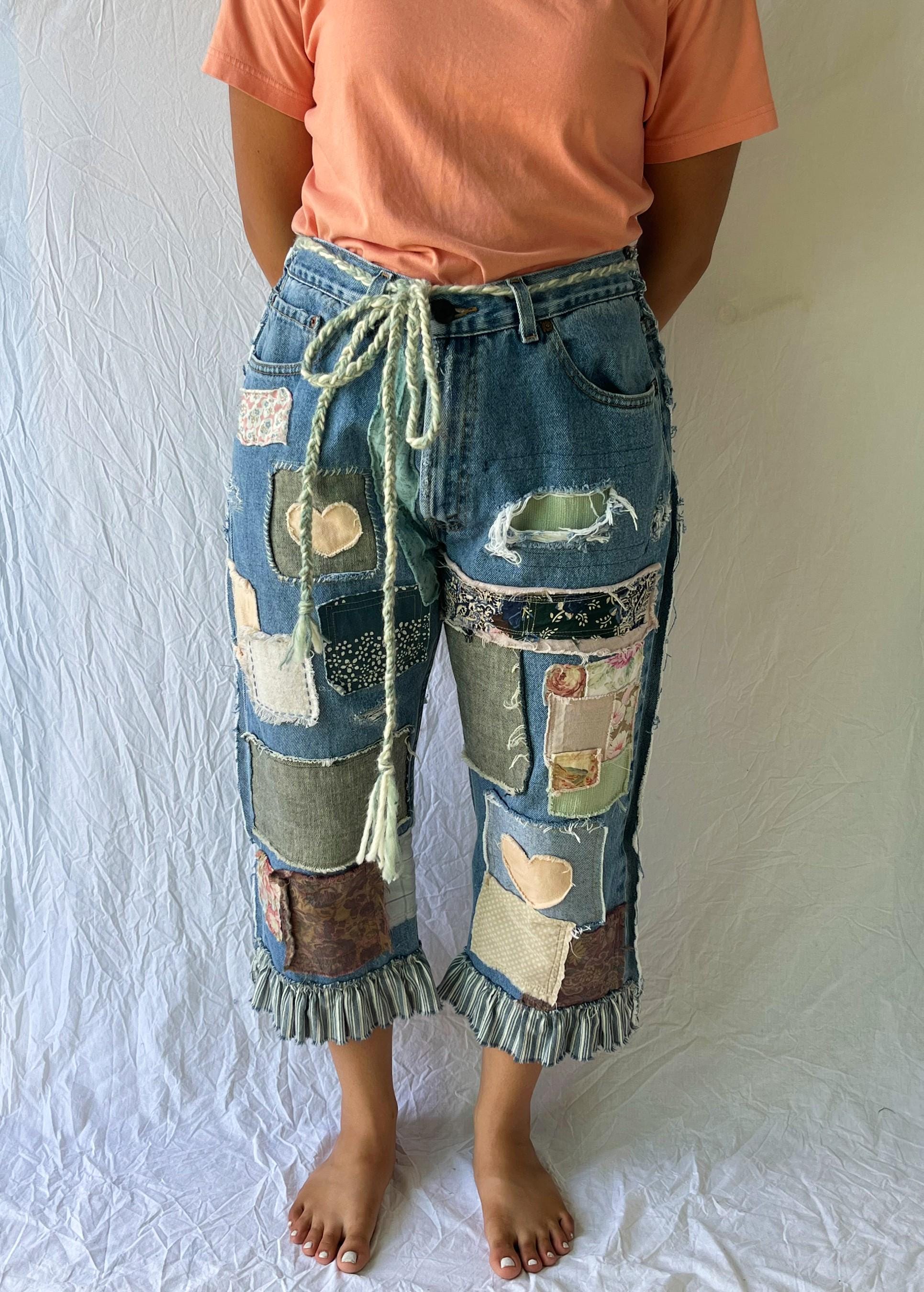Women's Patched Boho Jeans Distressed Patched Boyfriend Jeans Hippie ...