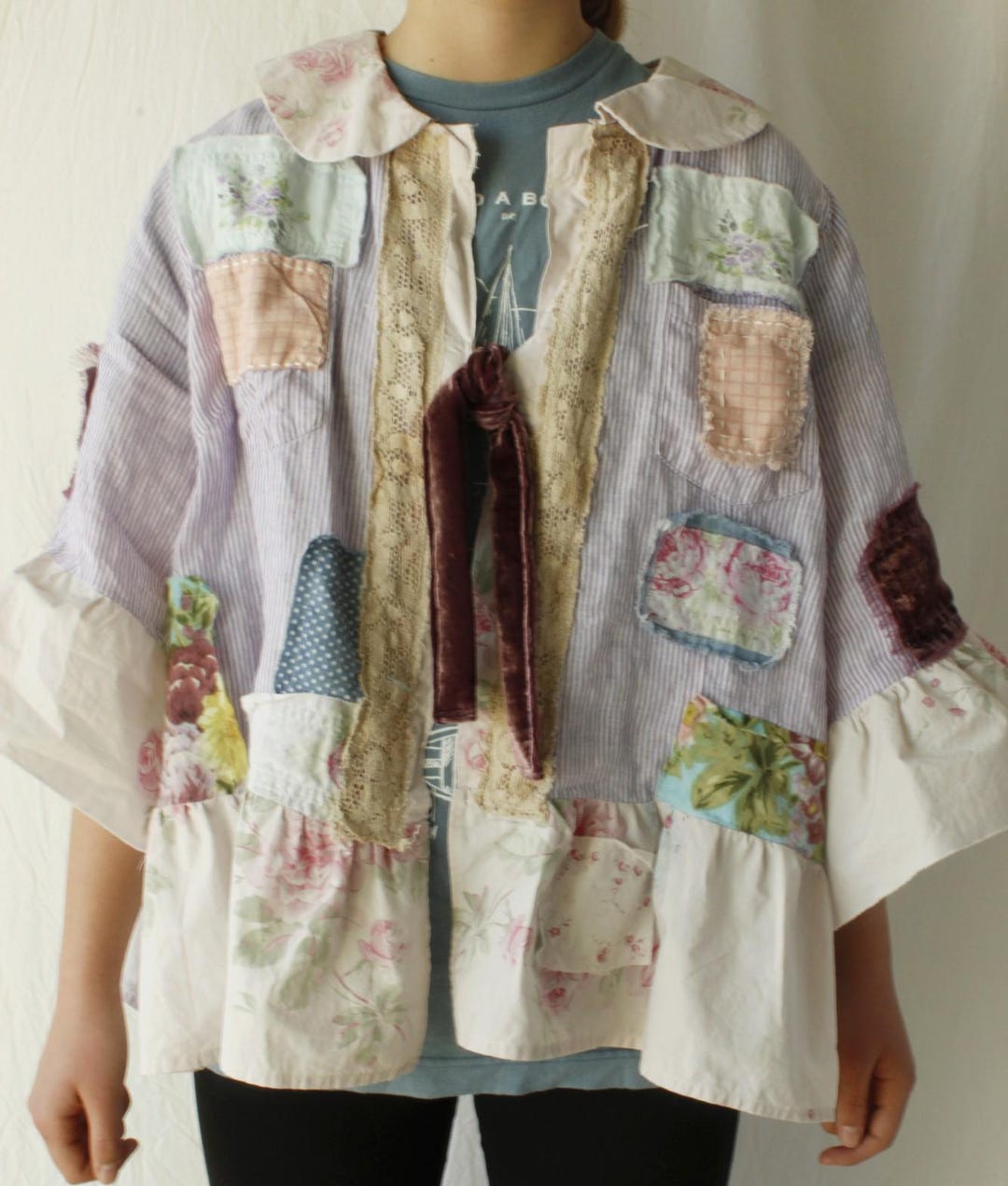 Upcycled Linen Top Patched Floral Women's Jacket Tie-front Shirt With ...