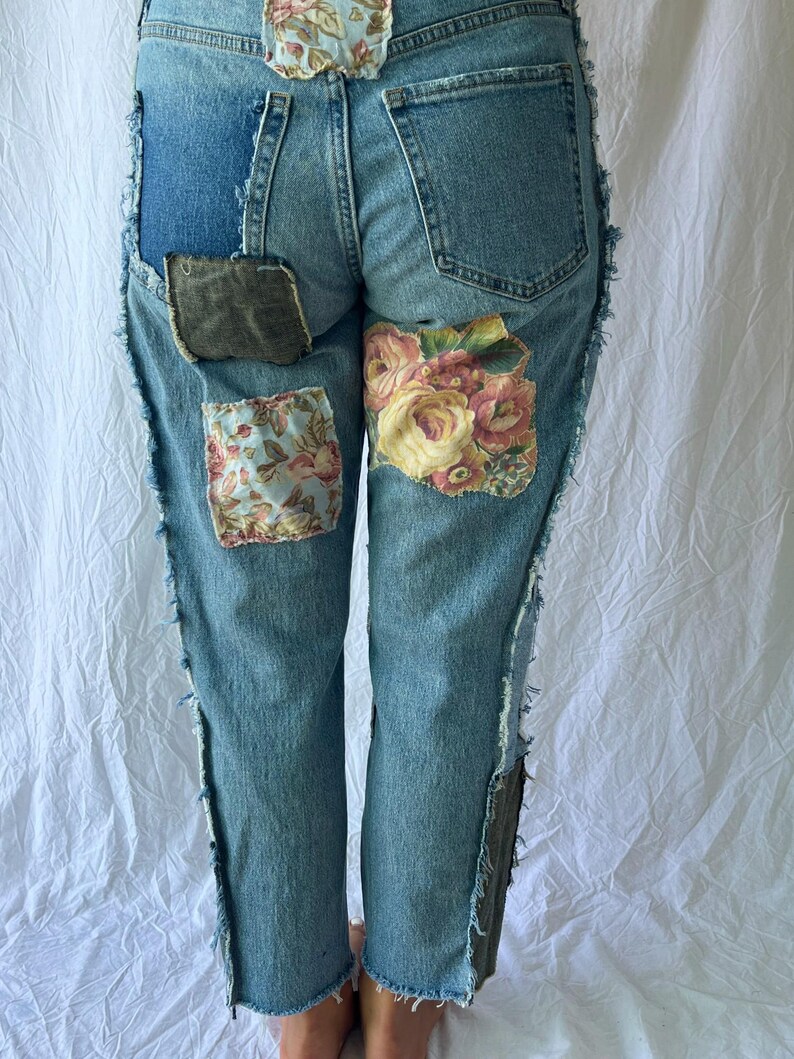 Women's Upcycled Boyfriend Jeans Flower Appliques and Patches Art Jeans ...