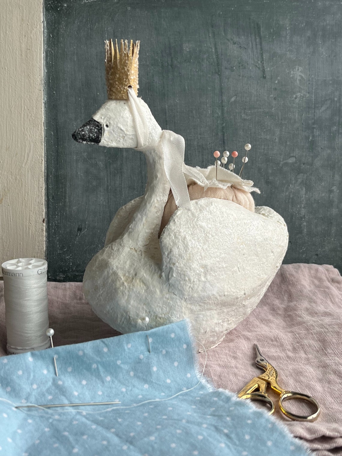 Papier-mache Swan With a Pink Pincushion - Etsy