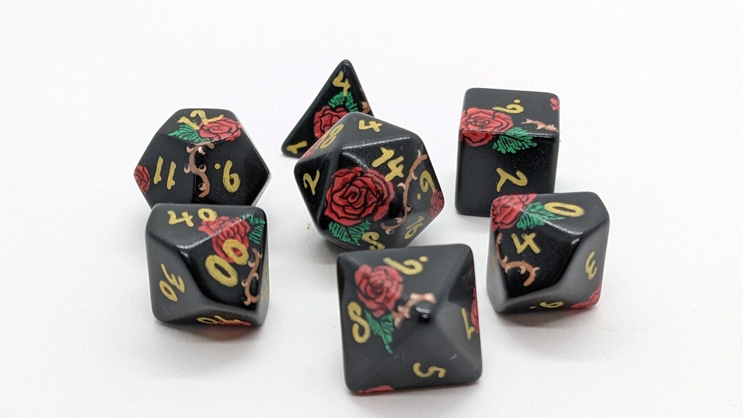 Elegant Rose Blossom Polyhedral Dice Set – Hand-painted 7-piece Acrylic ...