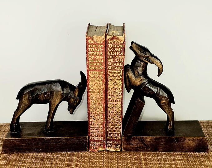 Art Deco Style Carved Wood Bookends 1930s Set of 2 Ibex Ram Goat ...