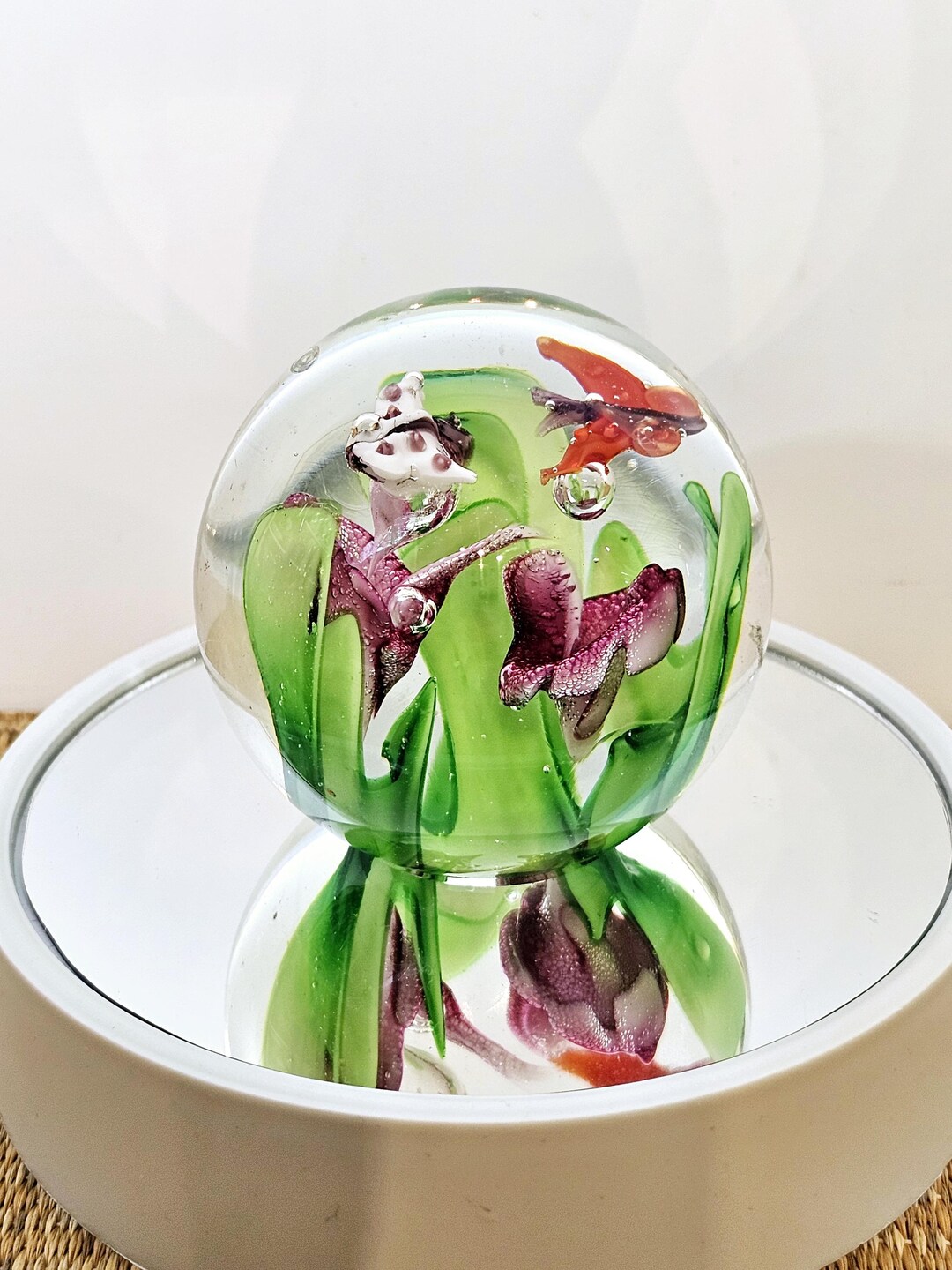 Handmade Glass Paperweight With Butterflies & Flowers – Encased Art ...