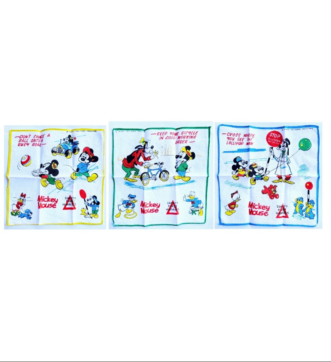Mickey Mouse Hankies Safety First 1965 MCMLXV Original Set of 3 Hankies ...