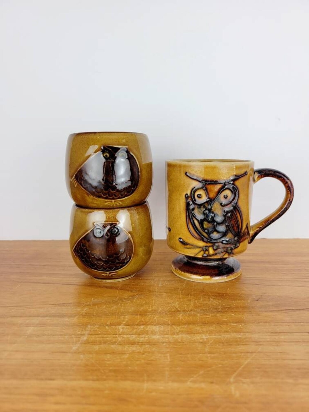 Set Vintage Pair Owl Sake Embossed Tea Cups & Footed Owl Mug. Asahi or ...