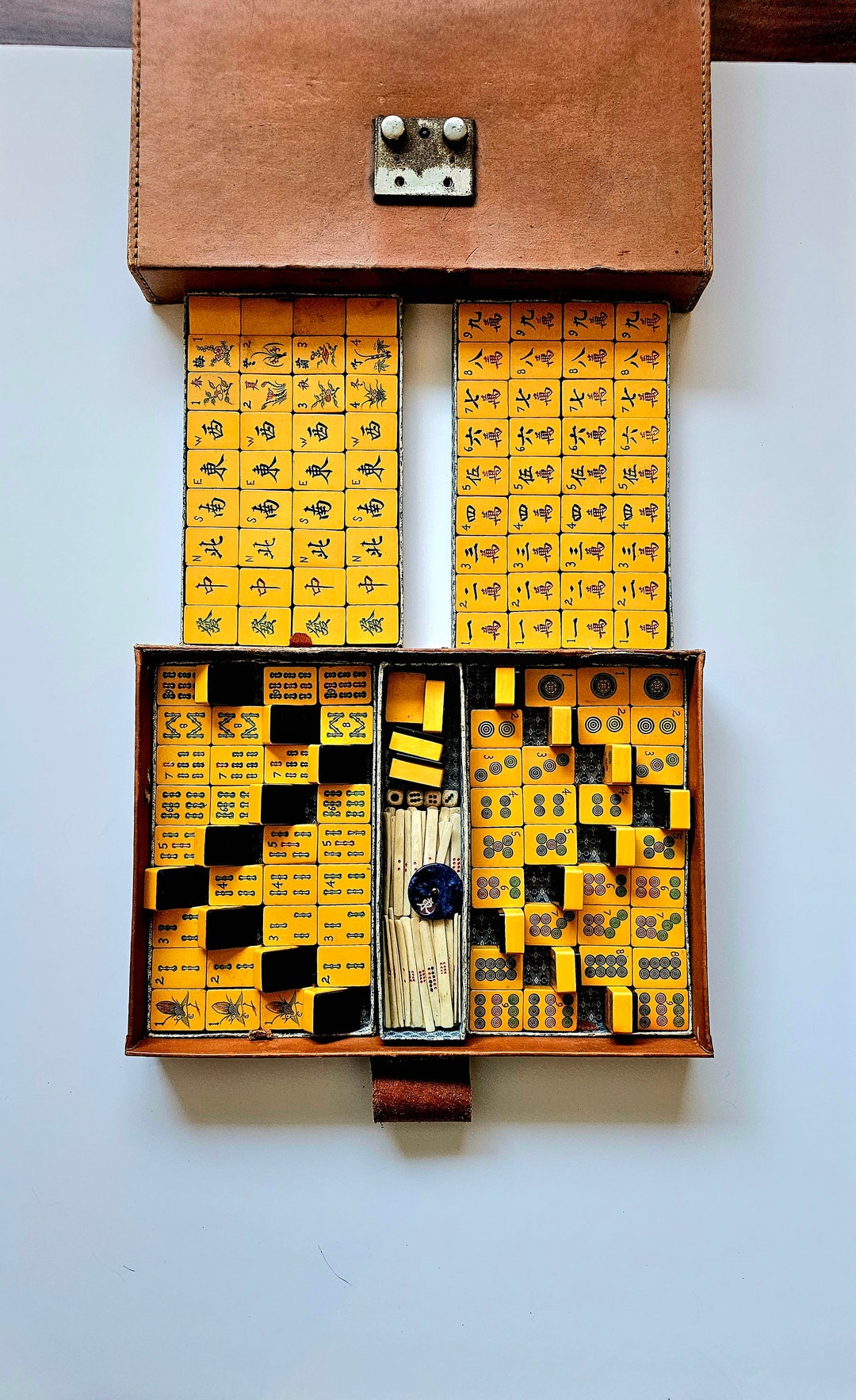 Vtg Antique Chinese Mahjong Game Set Mah-jongg Mah Jong Leather Case ...