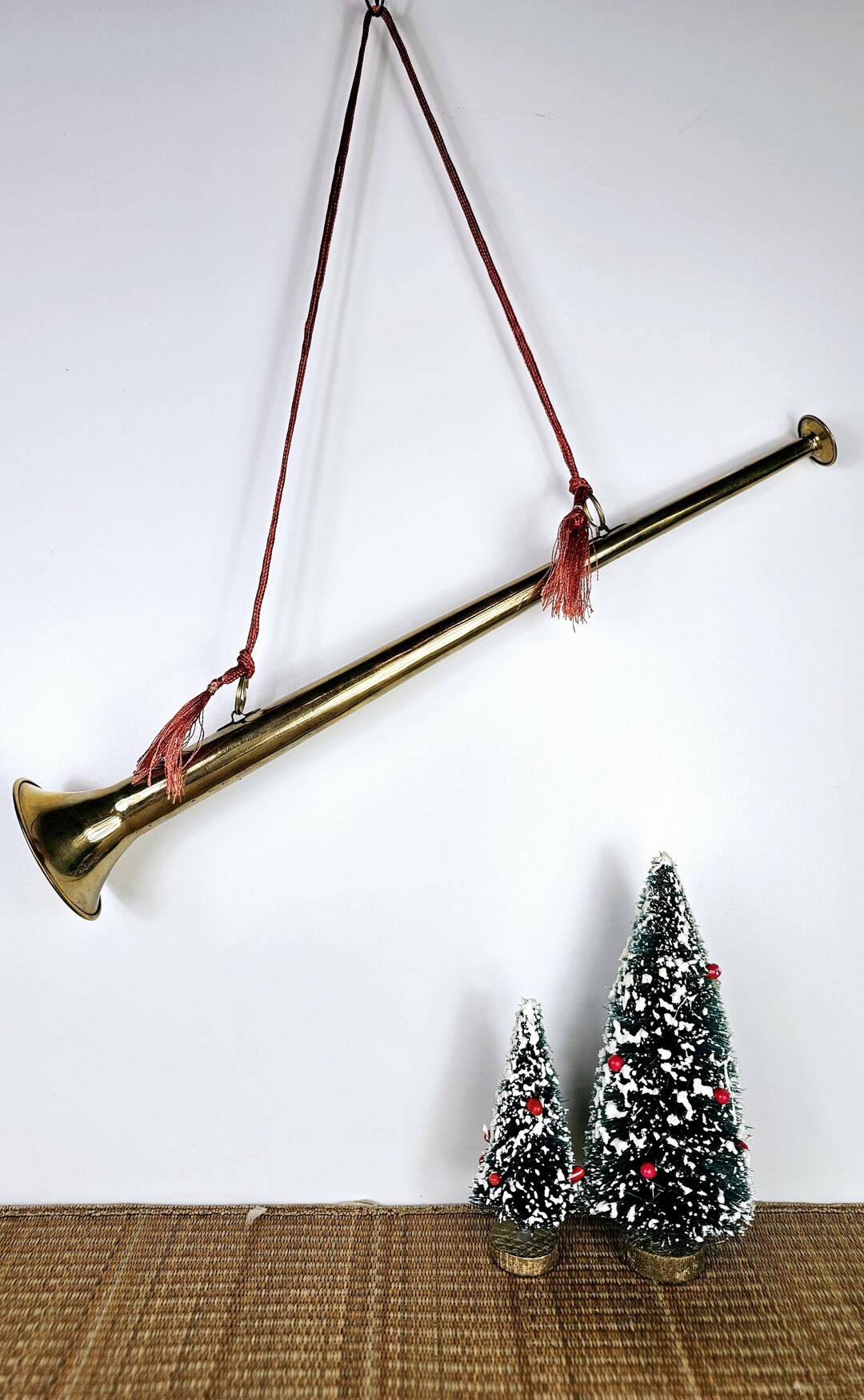 Tarnished Solid Brass Metal 13.5 Inch Posthorn Trumpet Red Rope Strap ...