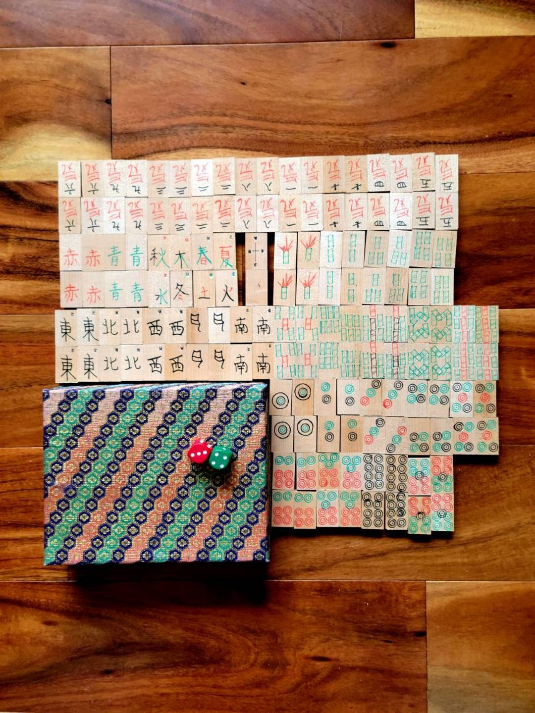 Small Handmade Wooden Mahjong Game Set. 2 Dice. in Beautiful Box ...