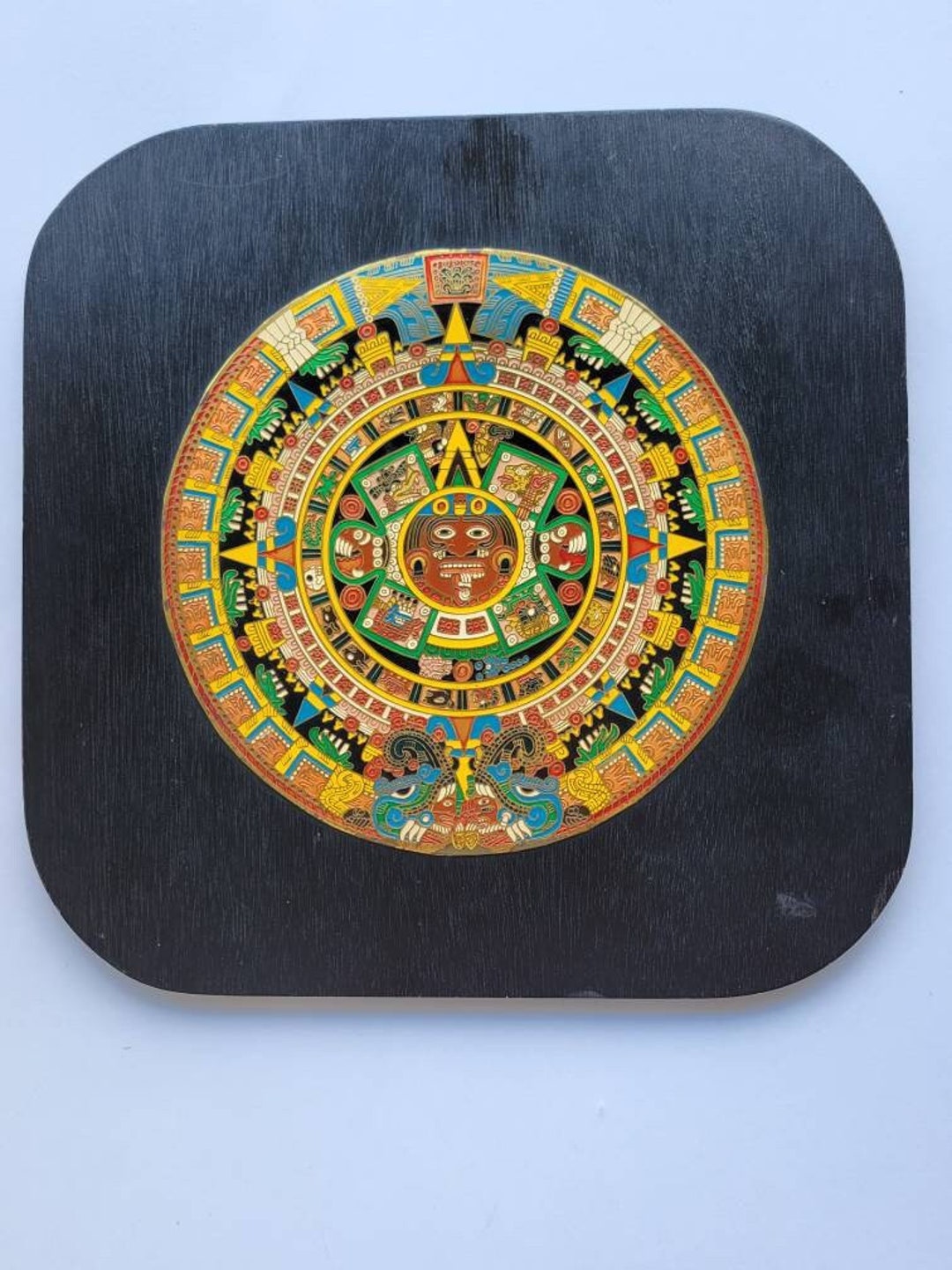 Brass and Enamel Mayan Calendar Plaque on Black Wooden Panel ~ Mexico ...