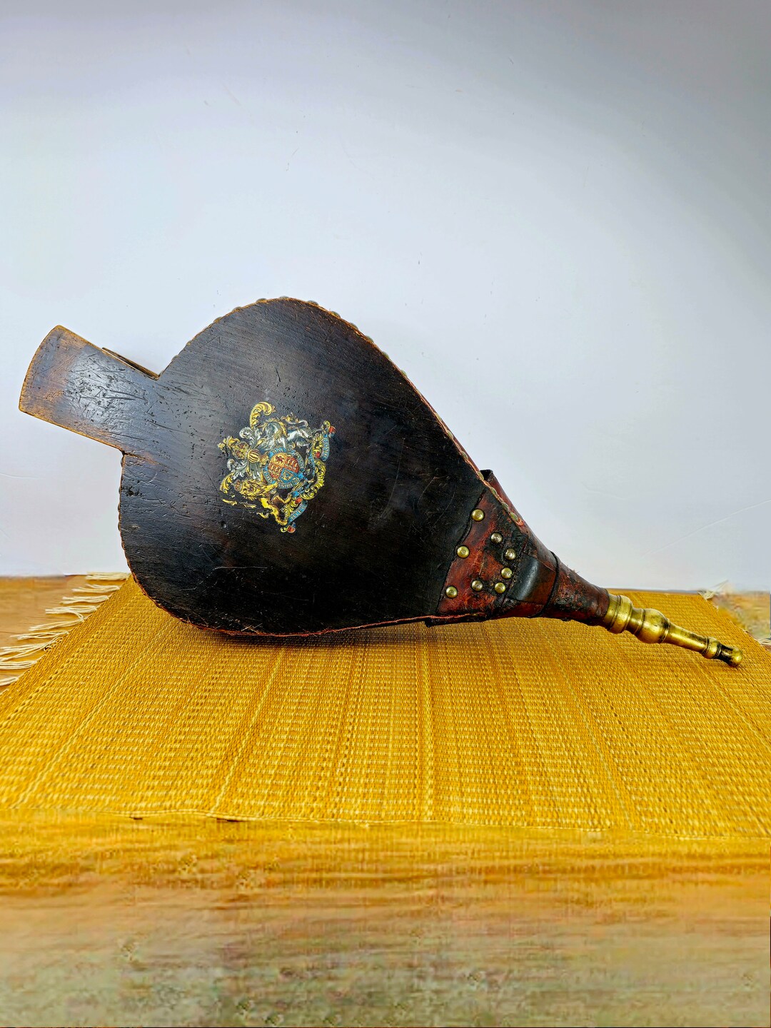 ANTIQUE Fire Bellows With Royal Coat of Arms Decal (?)early 20th ...