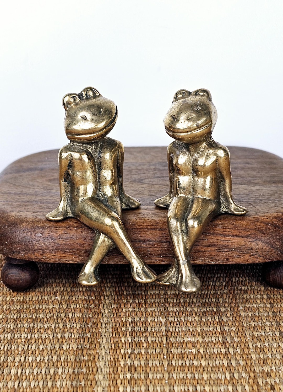 2 Brass Frogs Shelf Sitters Miniature Sculptures Figurines Frog Couple ...