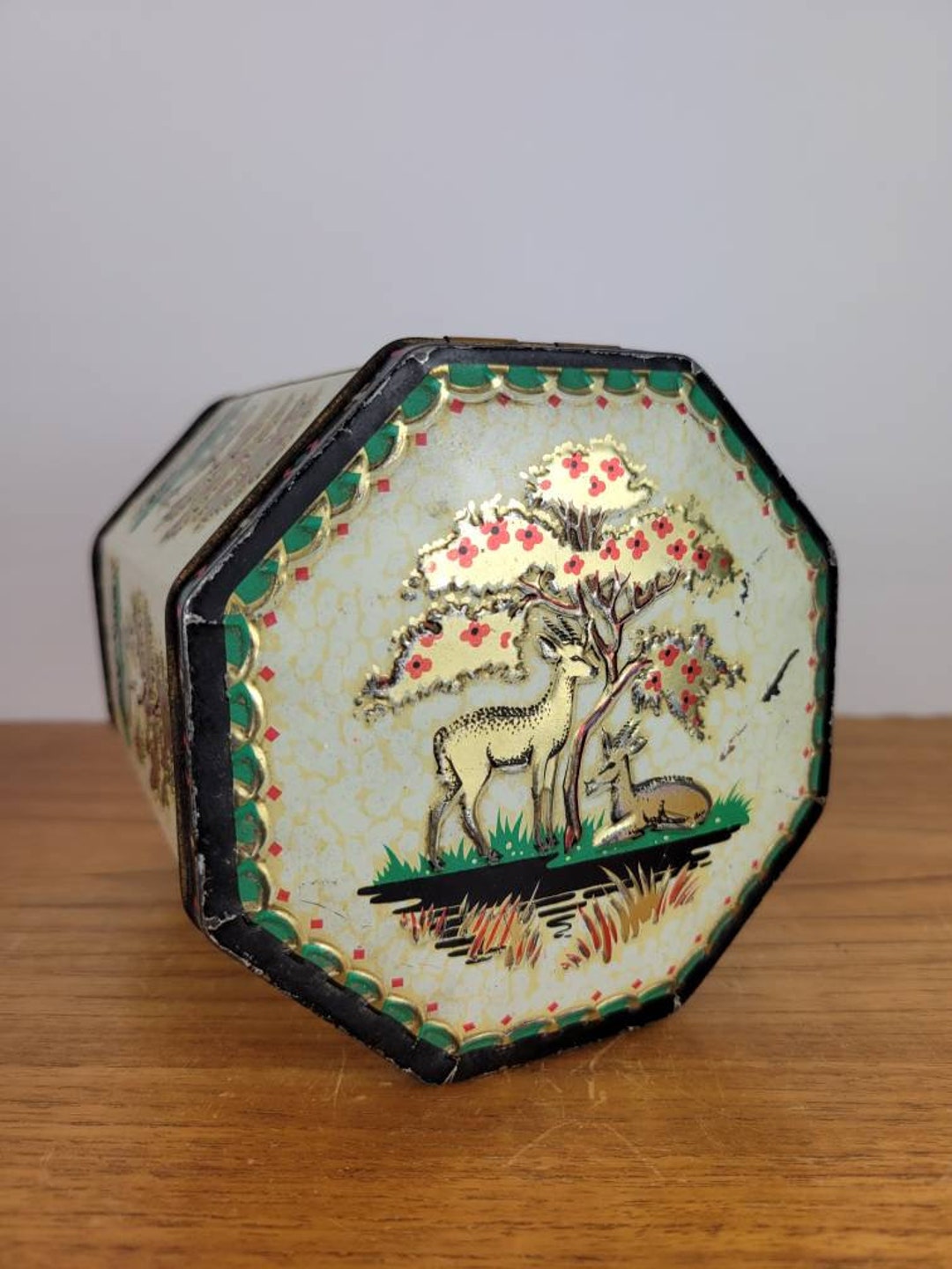 Vtg Peek Frean Biscuit Tin Octagonal Shape. Empossed Gazelle, Antelope ...