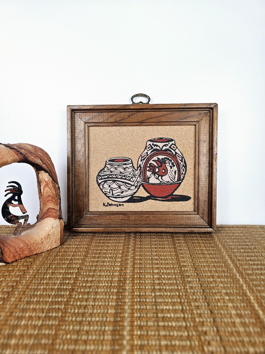 Vintage Navajo Hand Painted Desert Sand Art by R. Johnson Framed Glazed ...