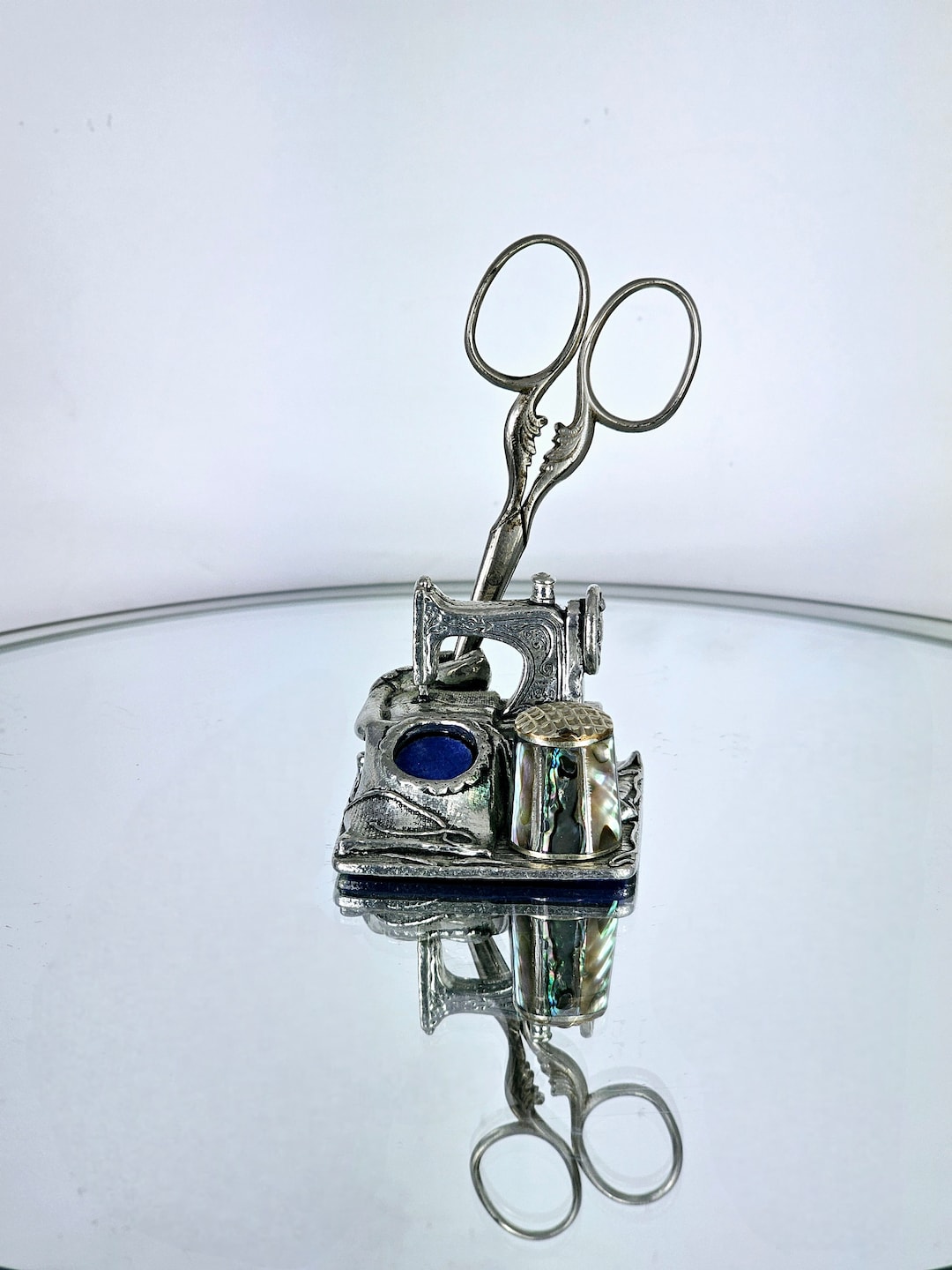 Vintage Miniture Pewter Sewing Station Tailoring Machine Pin Cushion ...