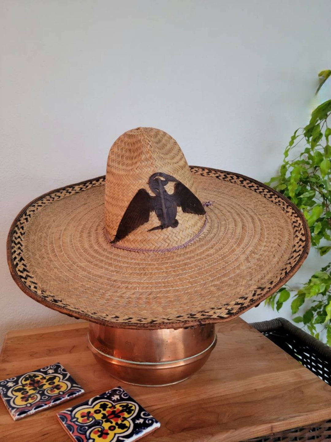 Vintage Mexican Straw Sombrero, Scalloped Leather Trim & Golden Eagle ...