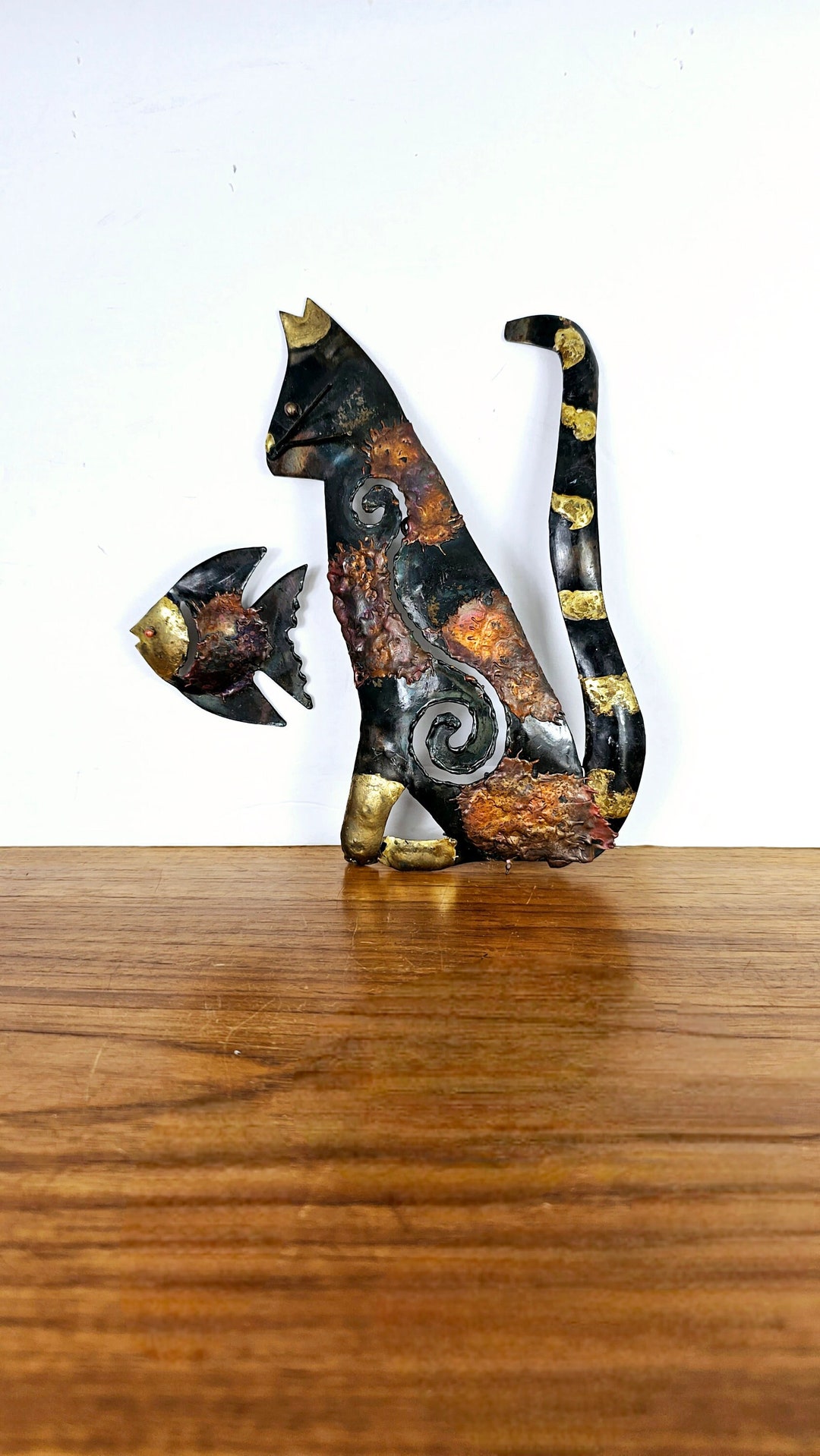 Modern Hanging Metal Cat & Fish Sculpture Mexico. in the Style of Los ...