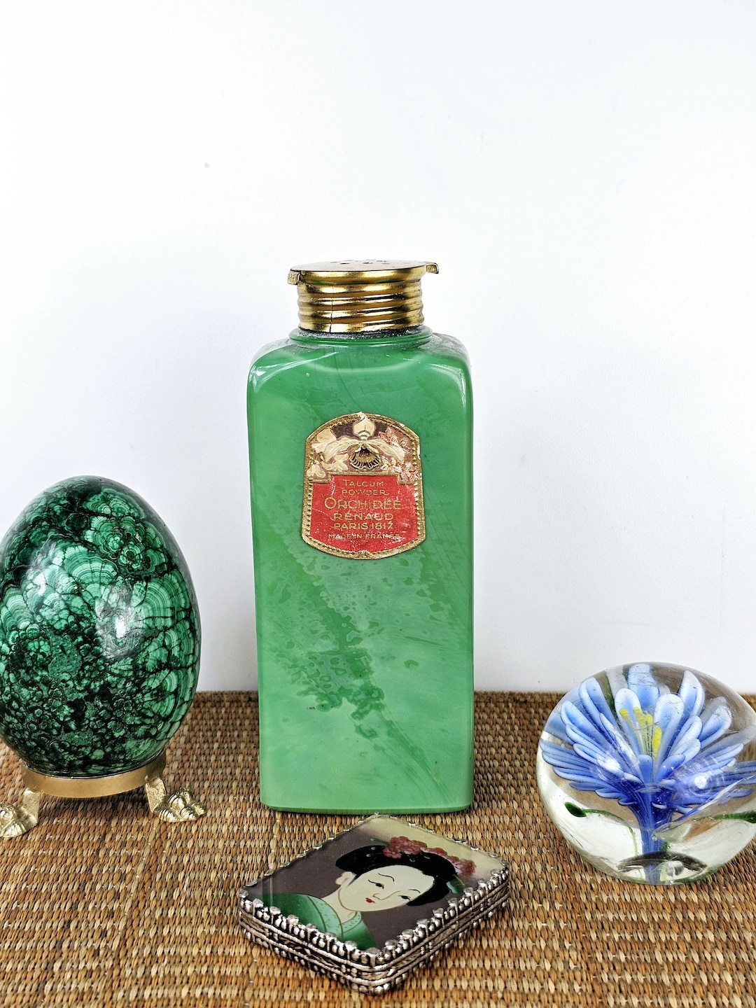 RENAUD Paris 1817 Orchidee Talcum Powder Malachite Green Glass Deco ...