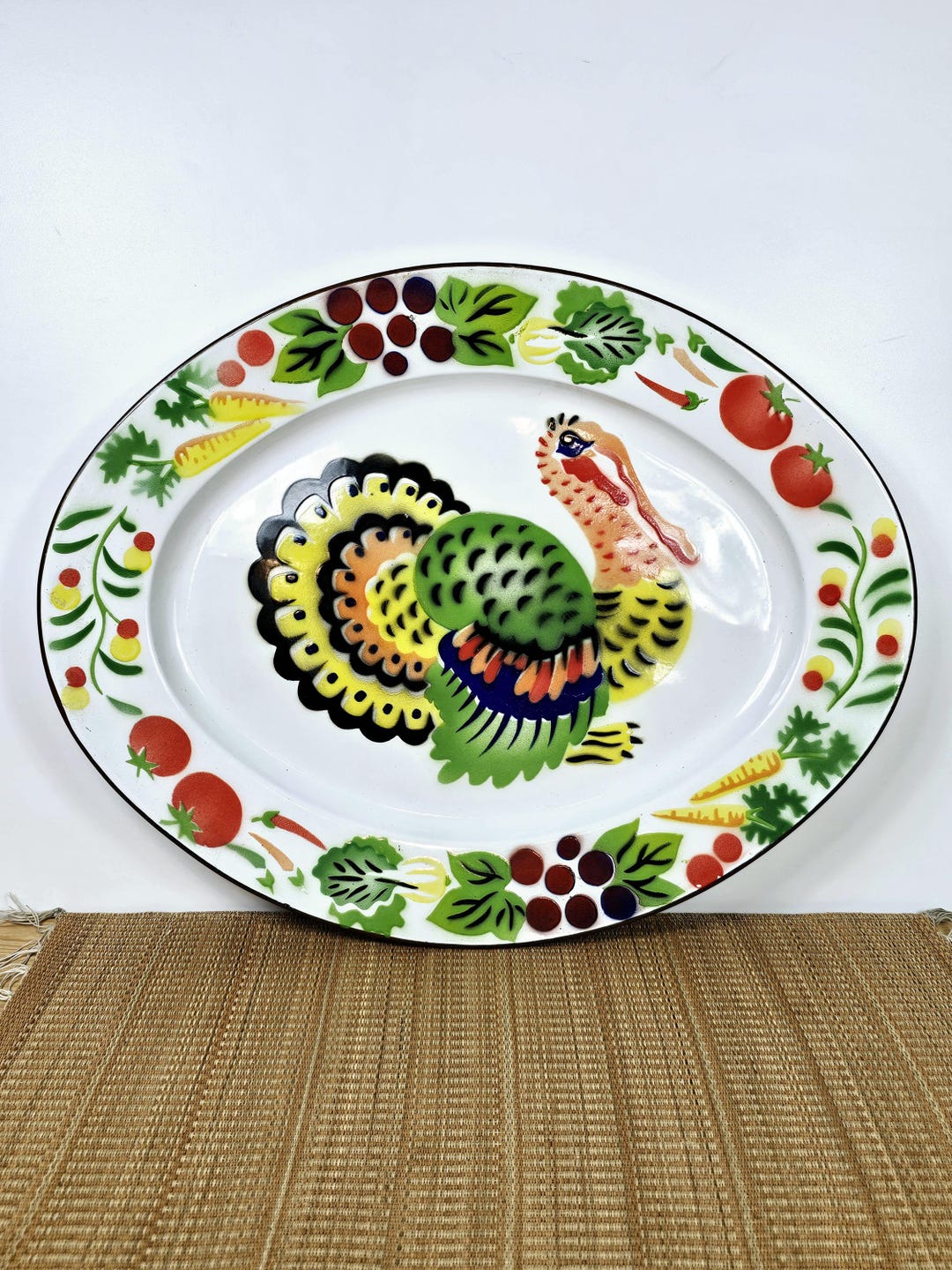 Vintage Enamel Metal Turkey Platter Vegetable Design Oval Fall Autum ...