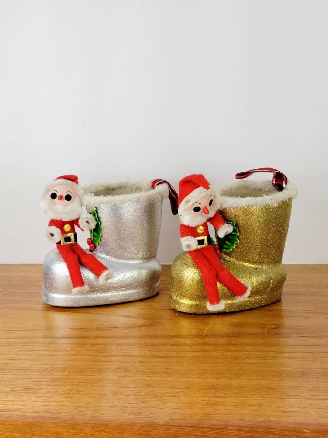 Vintage Gold and Silver Glitter Paper Mache Santa Boot Chenille Spun ...
