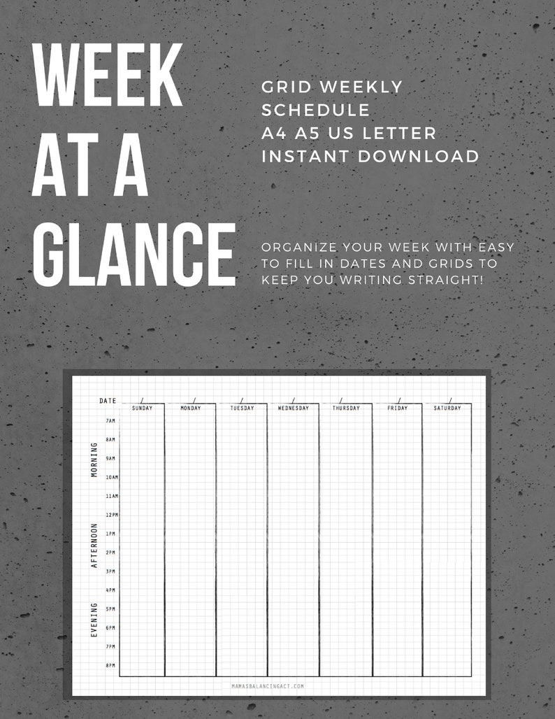 Week at a Glance, Grid, Undated, Weekly Schedule, A4, A5, US Letter ...