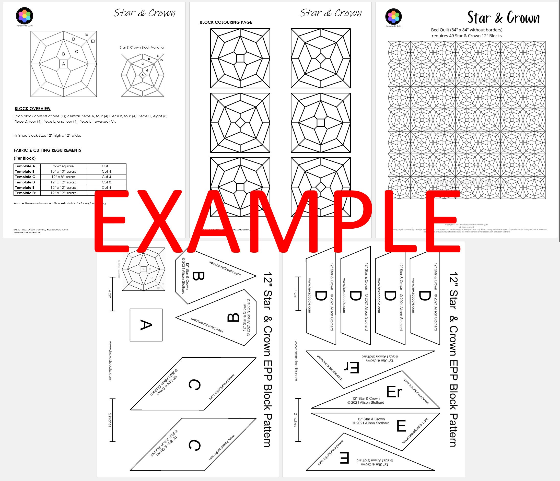 12" Star & Crown EPP Block Pattern and Templates - PDF File for ...