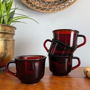 Vintage Ruby Red Glass Mugs Tea Cups Set of 4 Arcoroc French Glassware ...