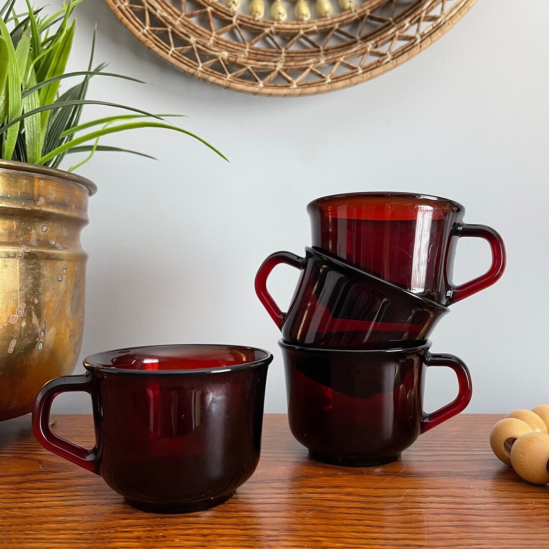 Vintage Ruby Red Glass Mugs Tea Cups Set of 4 Arcoroc French Glassware ...