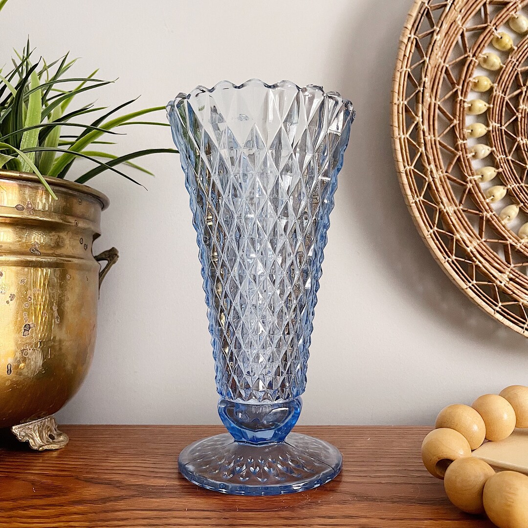 Vintage Blue Glass Diamond Point Regal 8” Pedestal Vase by Indiana ...